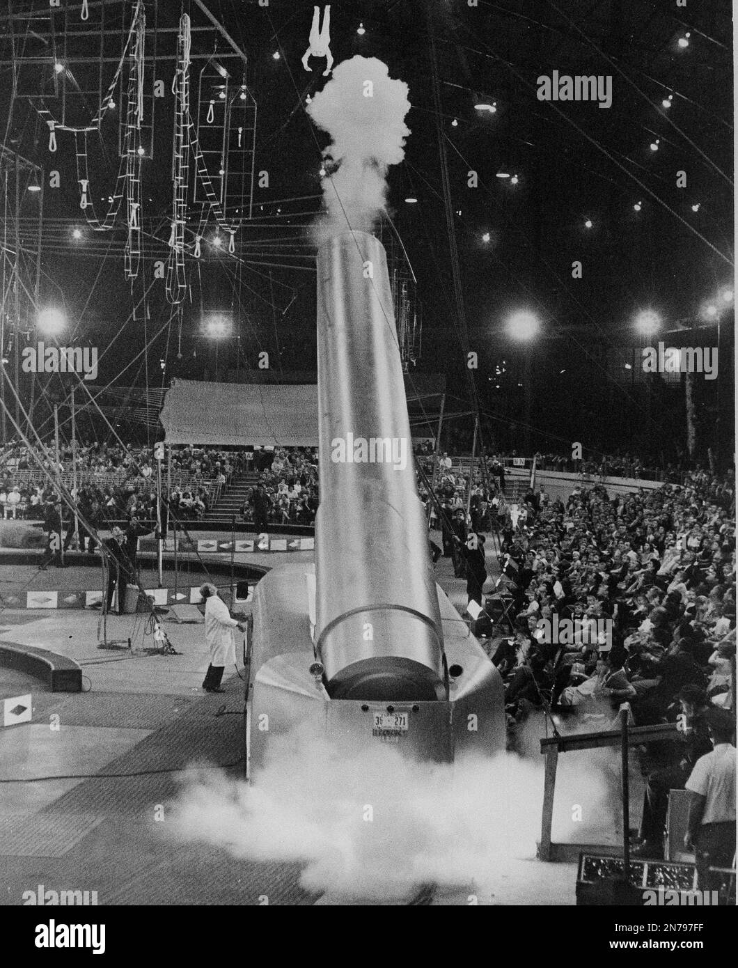 A member of the Zacchini family glides gracefully through space ...