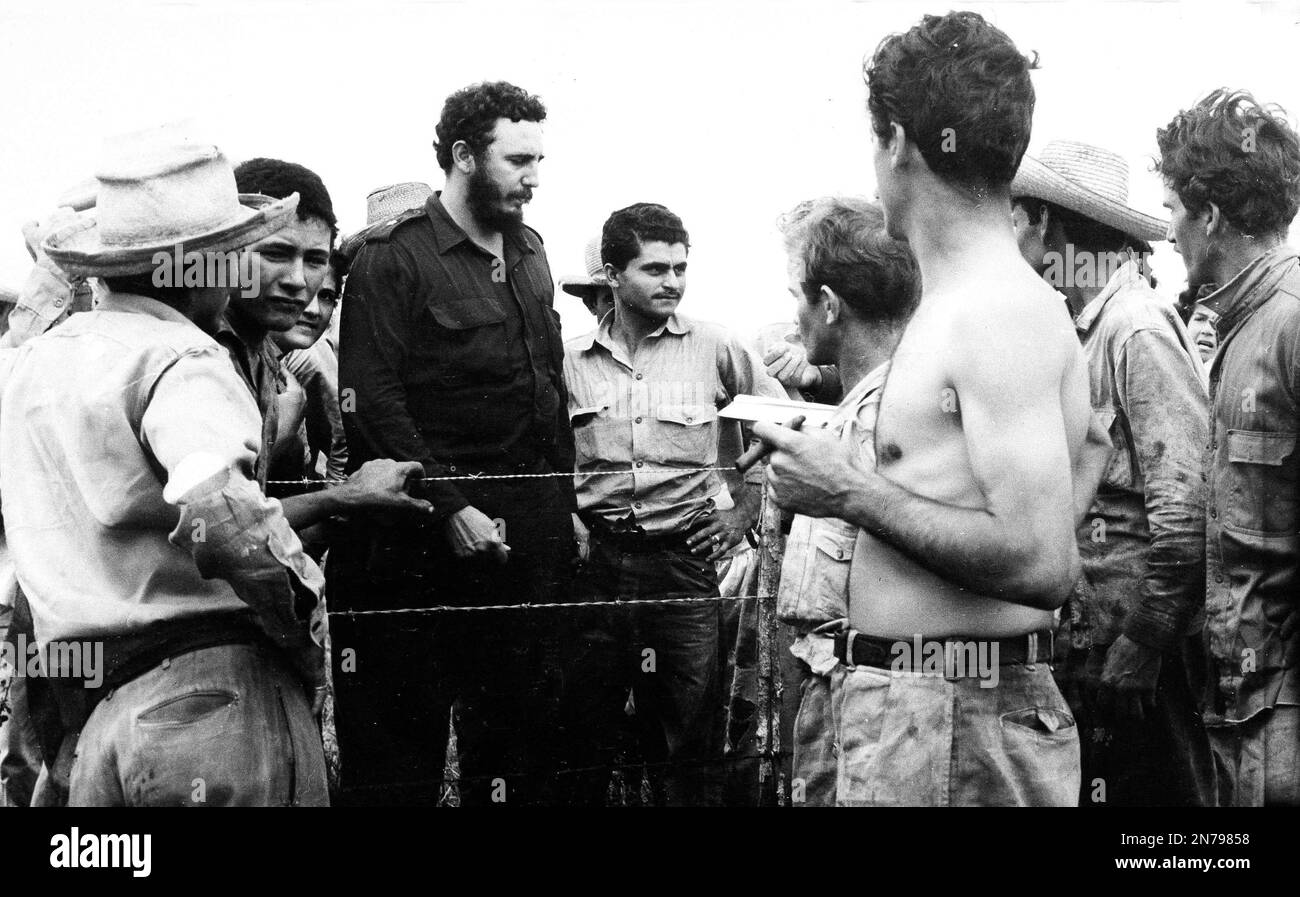 Prime Minister Fidel Castro and farmers at farm project in Oriente ...