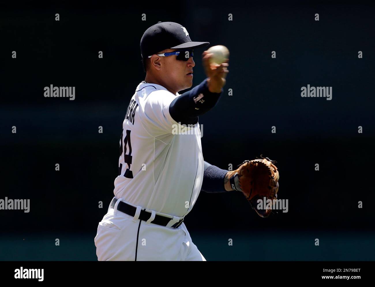 Detroit Tigers third baseman Miguel Cabrera throws to first base for an ...