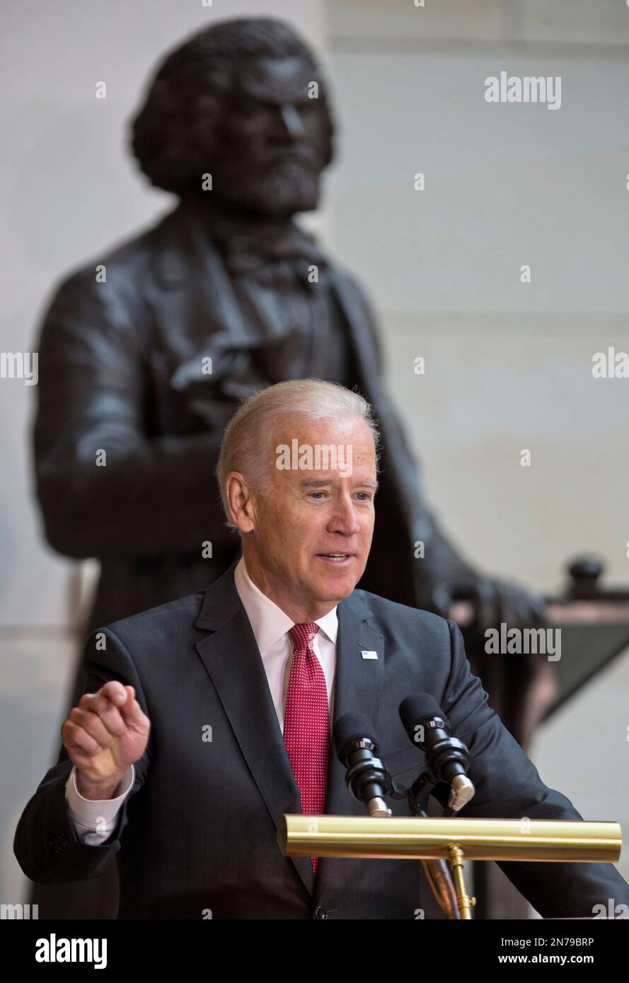 Vice President Joe Biden speaks in front of a statue of Frederick ...