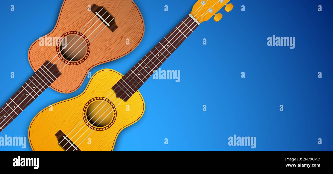 Musical vector banner of 2 Ukulele guitars on a blue background with ...