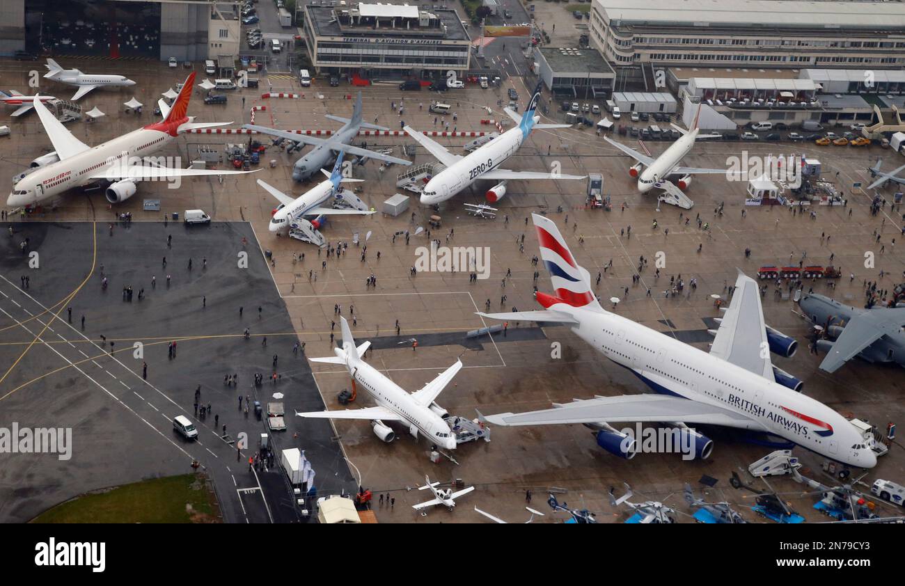 An aerial view of a British Airways Airbus A380, bottom right, and an ...