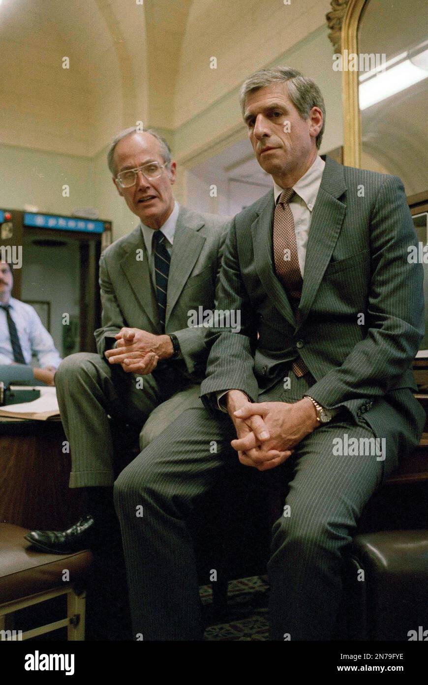 Sen. Slade Gorton, left, and Sen. John Danforth at a news conference ...