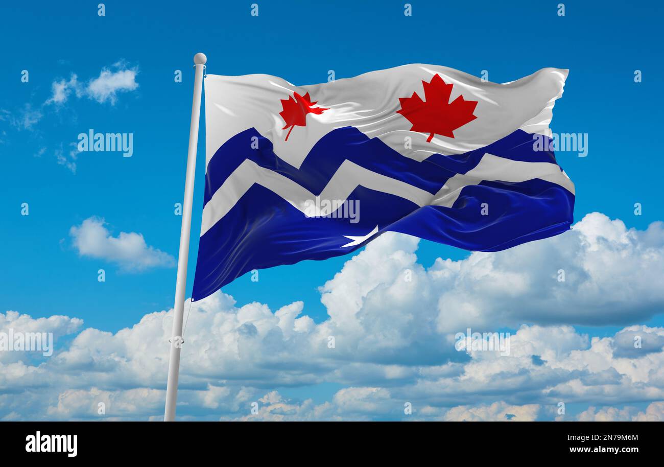 official flag of Midway, British Columbia Canada at cloudy sky ...