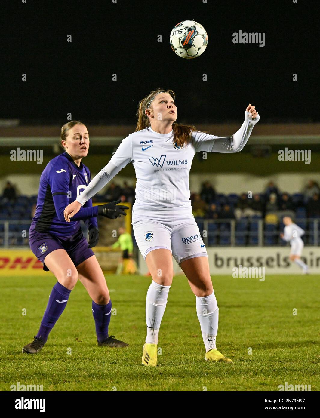 Michelle Colson (2) of Anderlecht pictured defending on Joy Kersten (20 ...
