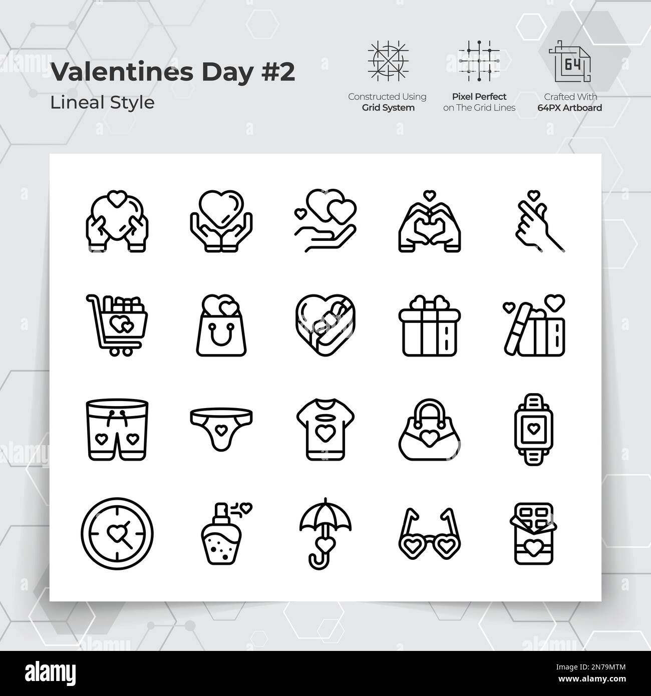 Valentine's day icon set in black line style on gifts and fall in love ...
