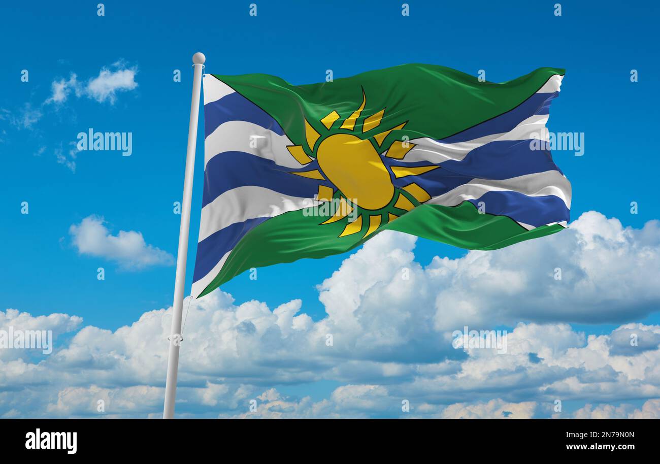 official flag of Orillia, Ontario Canada at cloudy sky background on ...
