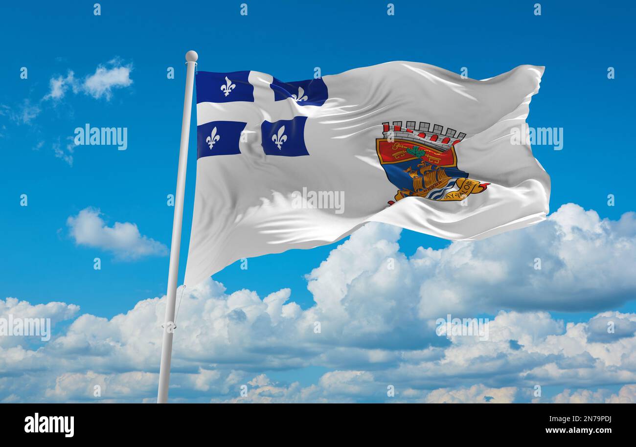 official flag of Quebec City 1967 1987 Canada at cloudy sky background ...