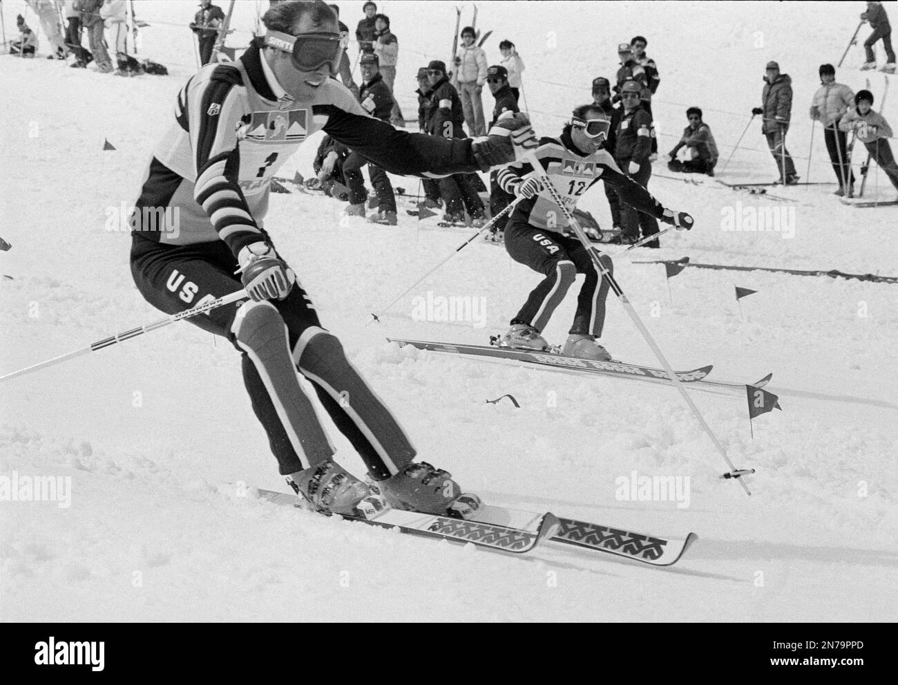 Phil Mahre, left, and Steve Mahre, right, in action during parallel ...