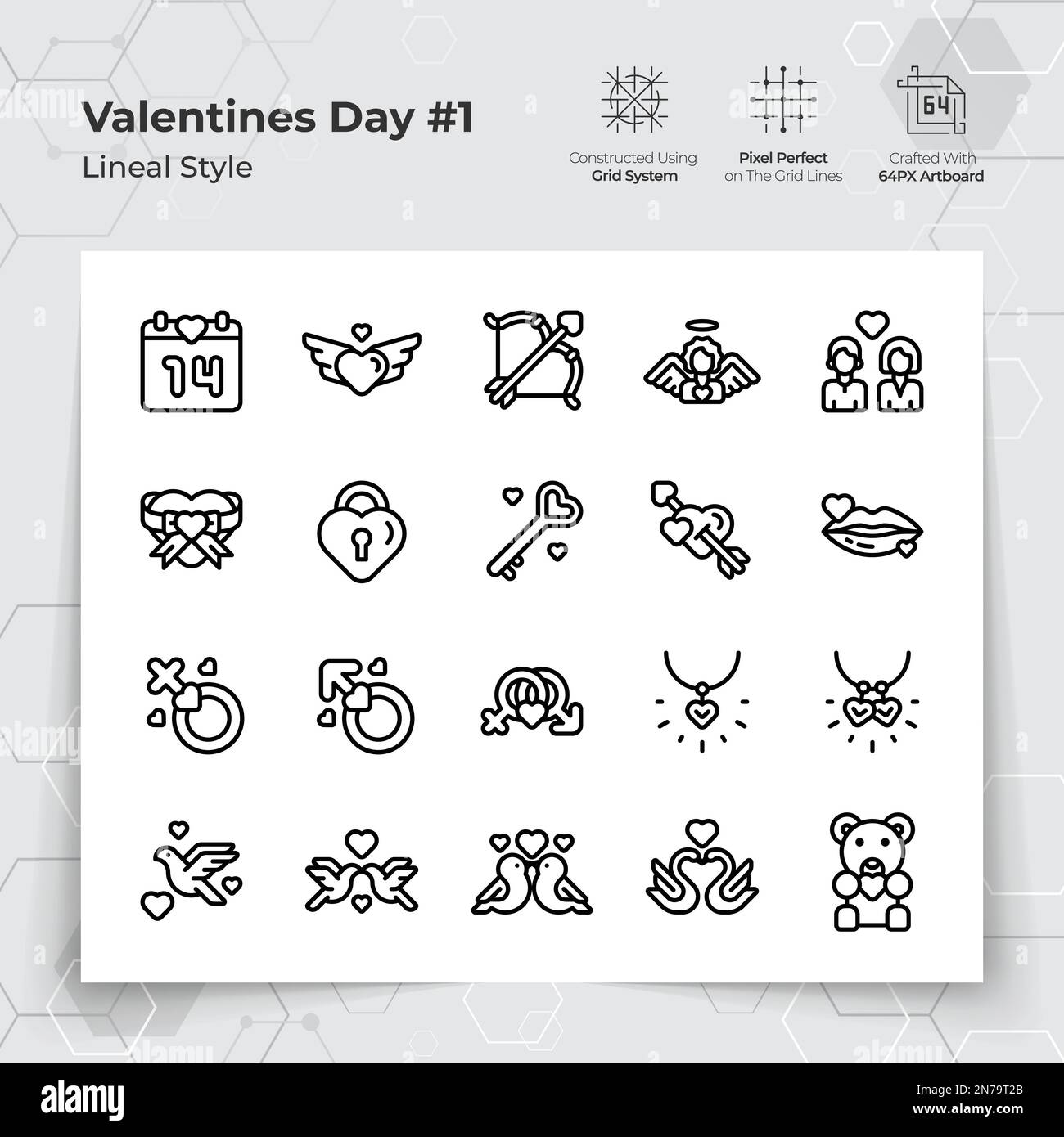 Valentine's day icon set in black line style with a love and heart ...