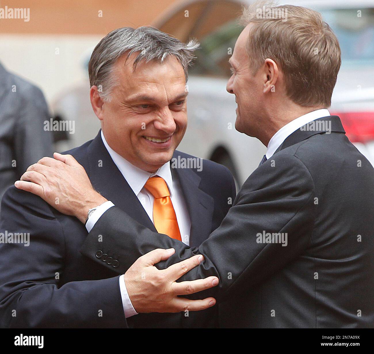 Hungarian Prime Minister Viktor Orban, left, and his Polish counterpart ...
