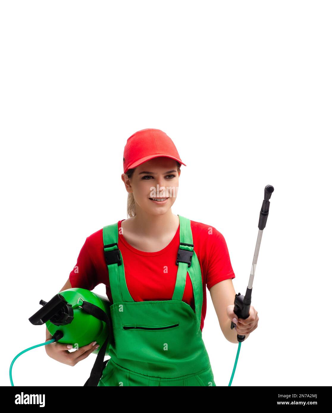 The female pest control contractor isolated on white Stock Photo - Alamy