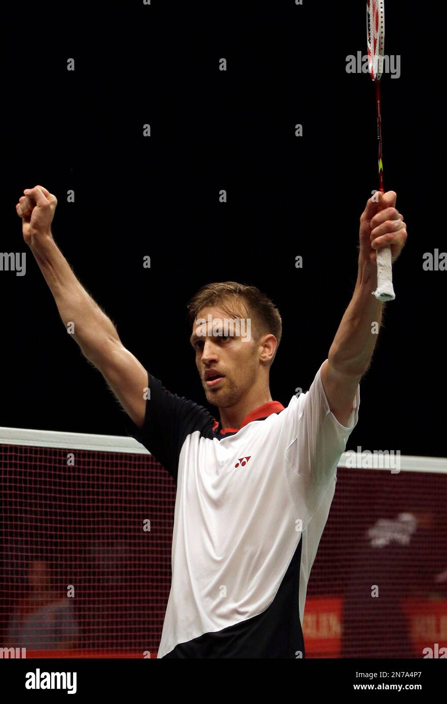 Germany's Marc Zwiebler celebrates after defeating Indonesia's Tommy ...