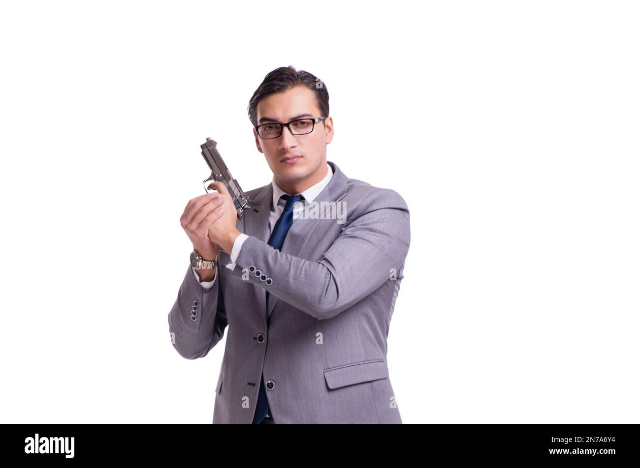 The aggressive business manager with handgun isolated on white Stock ...
