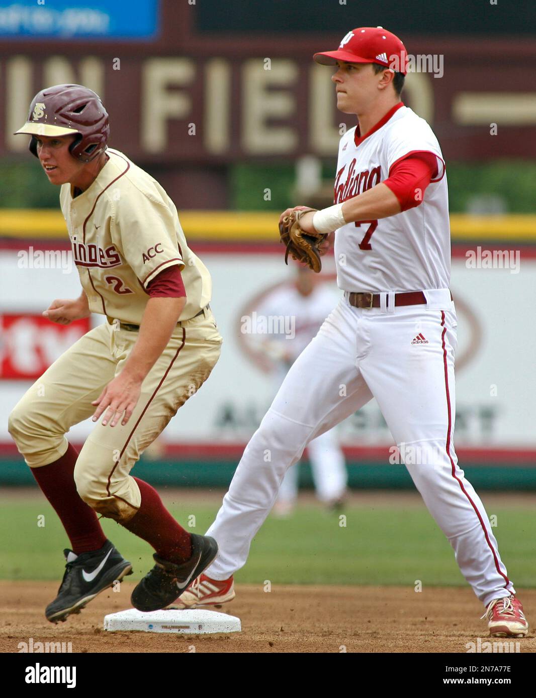 Florida State's Josh Delph (2) is forced out at second base by Indiana ...