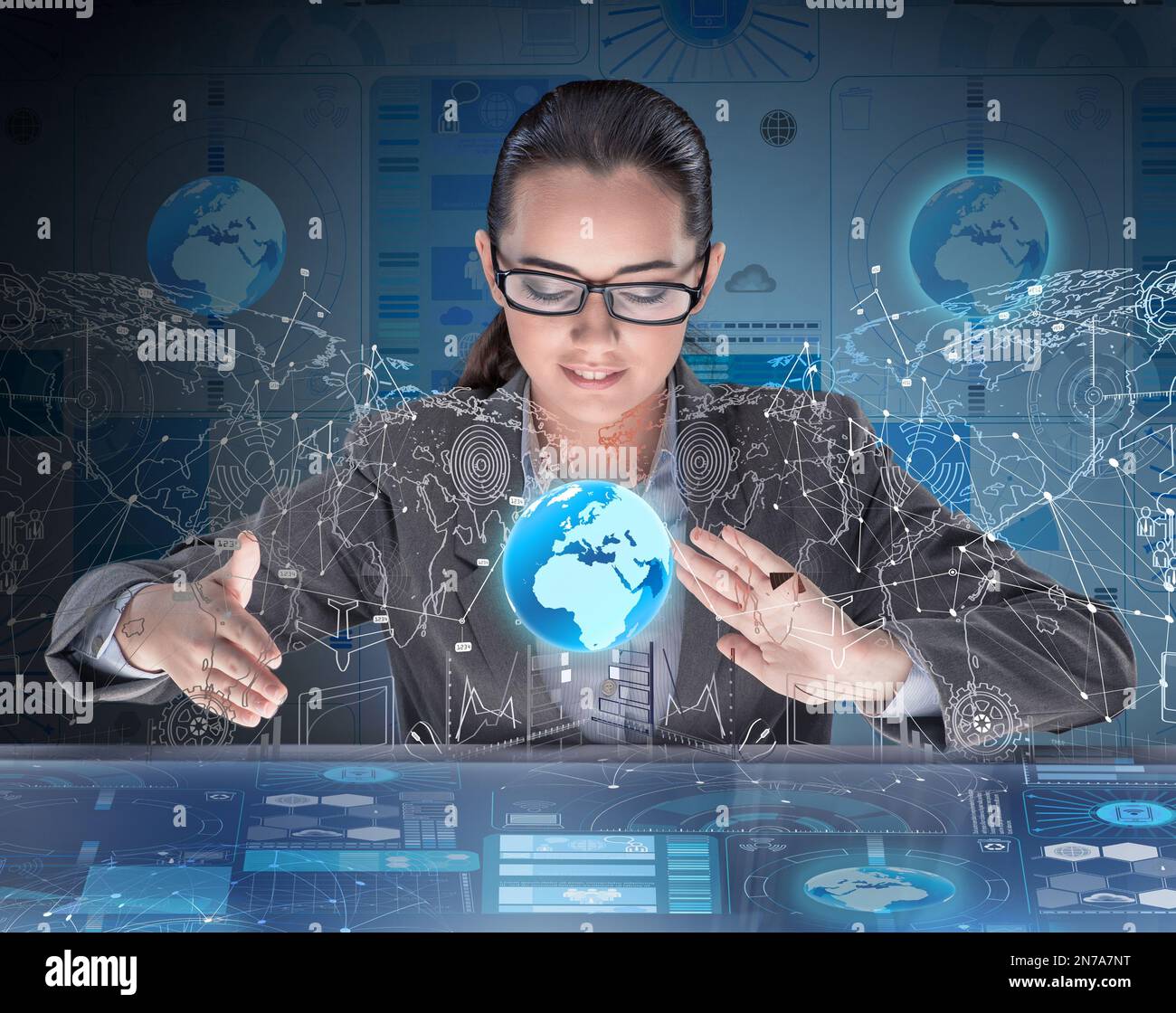 The futuristic media sharing concept with woman Stock Photo - Alamy