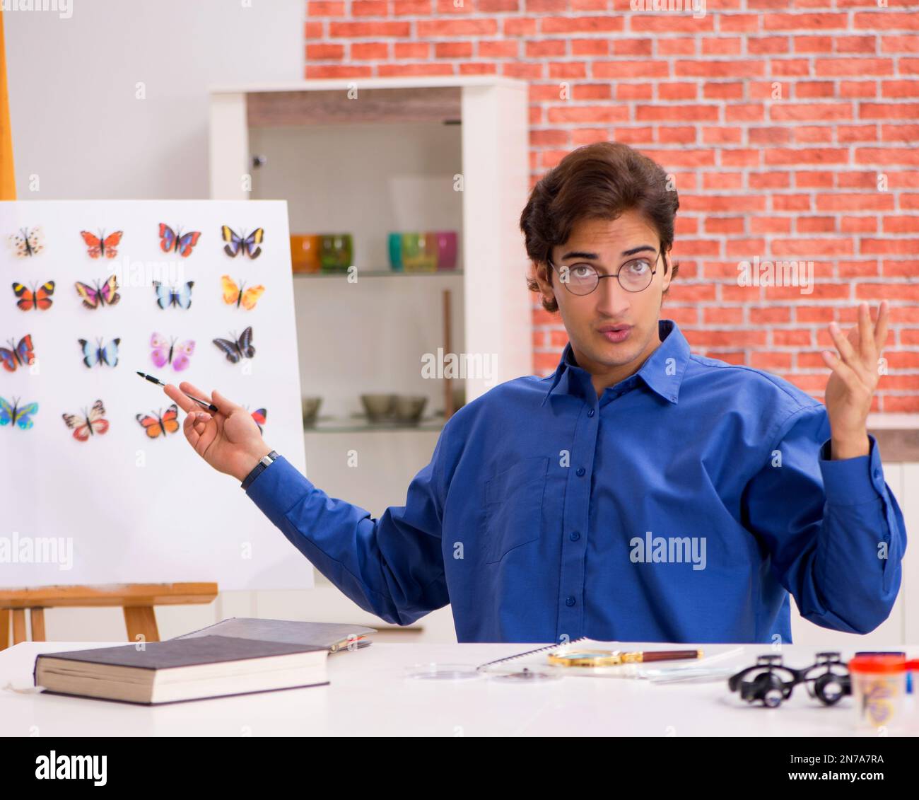 The student entomologist studying new species of butterflies Stock ...