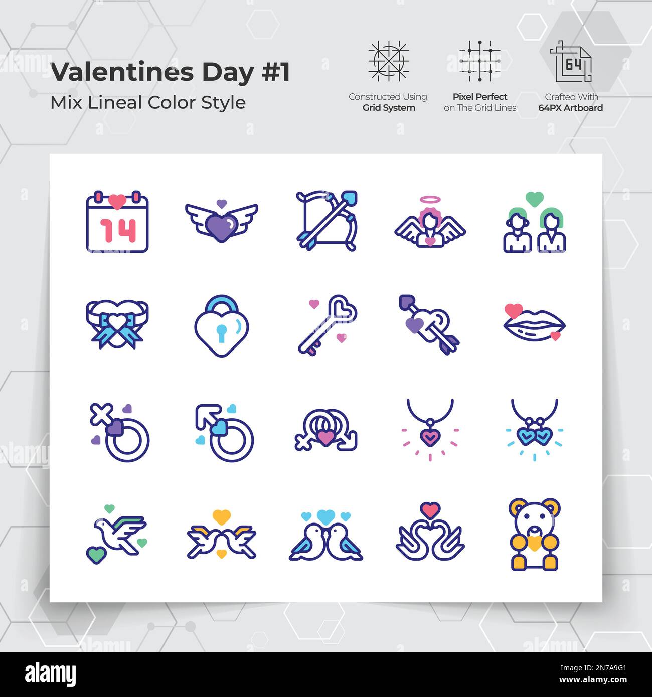 Valentine's day icon set in line color fill style with a love and heart ...