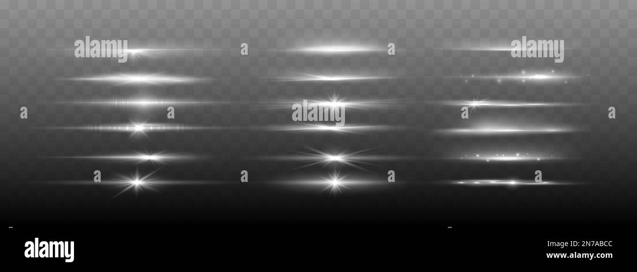 Set of shining sparkles and lens flares. Glowing lights isolated on transparent background ...