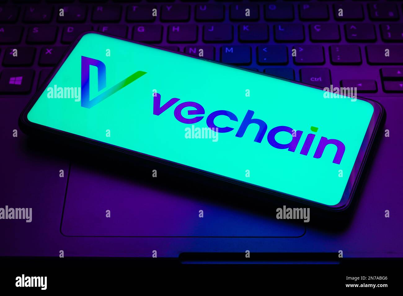 In this photo illustration the VeChain Thor Blockchain logo seen ...