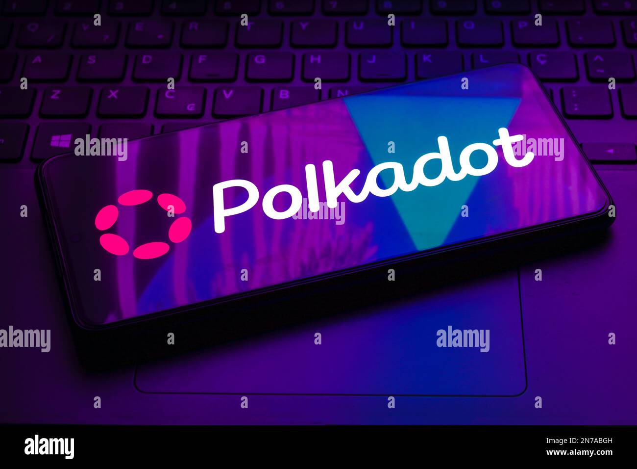 In this photo illustration the Polkadot logo seen displayed on a ...