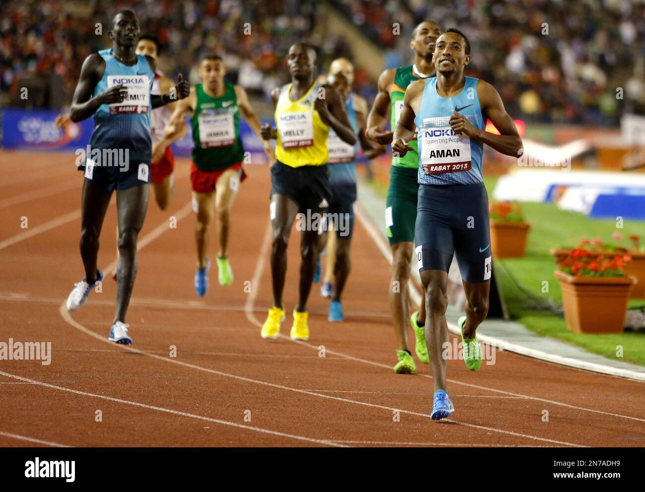 Mohamed Aman from Ethiopia crosses the finish line to win the men's 800 ...