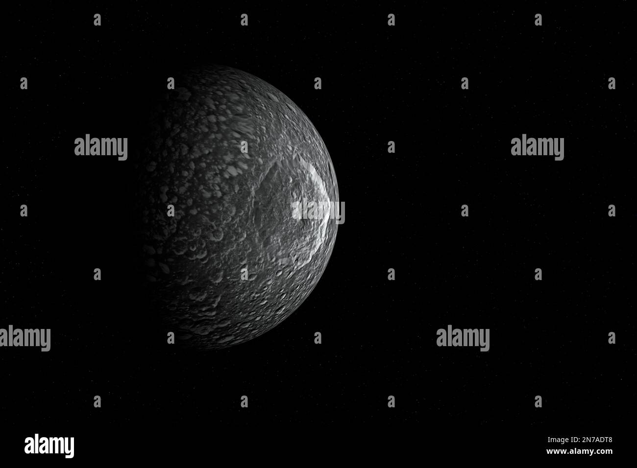 Digitally generated photograph of Mimas, one of the moon of Saturn ...