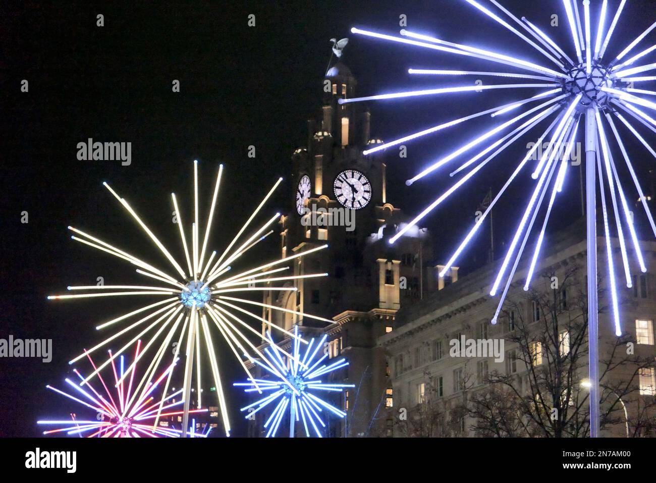 Liverpool lit up at night, Liver building on the waterfront Stock Photo ...