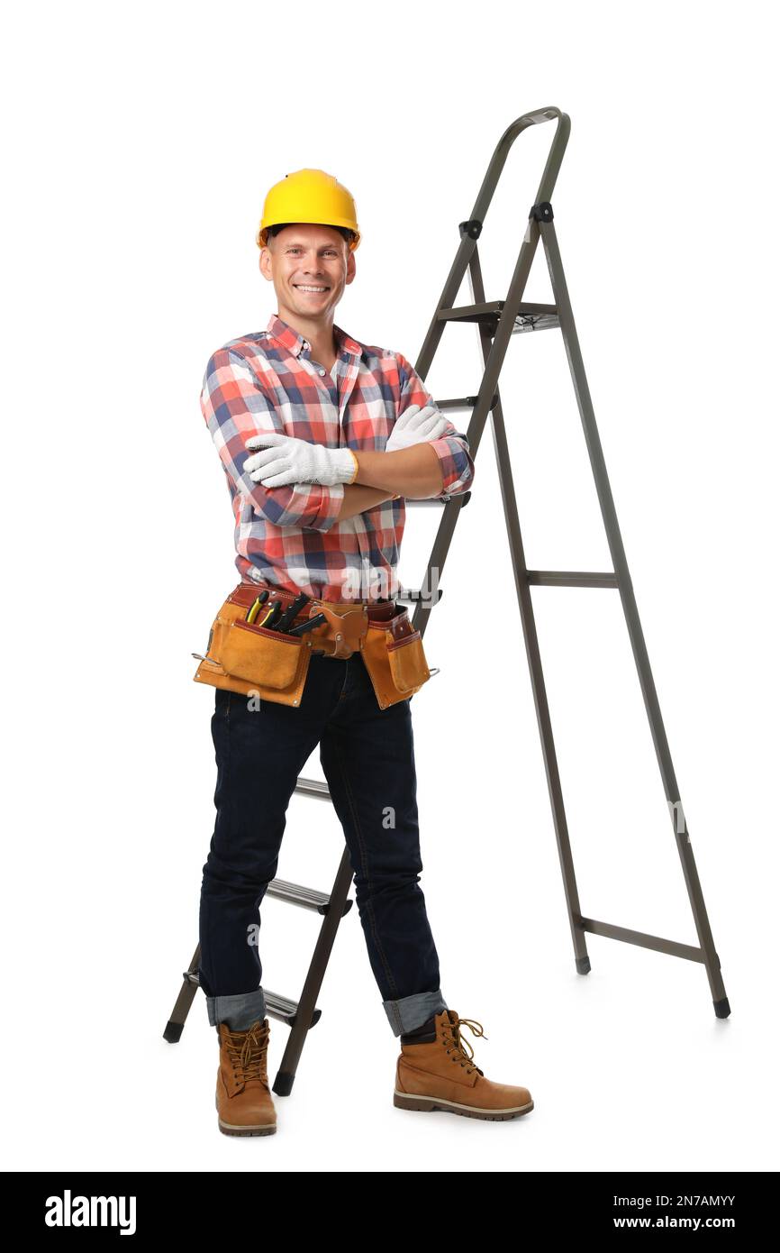 Professional constructor near ladder on white background Stock Photo ...