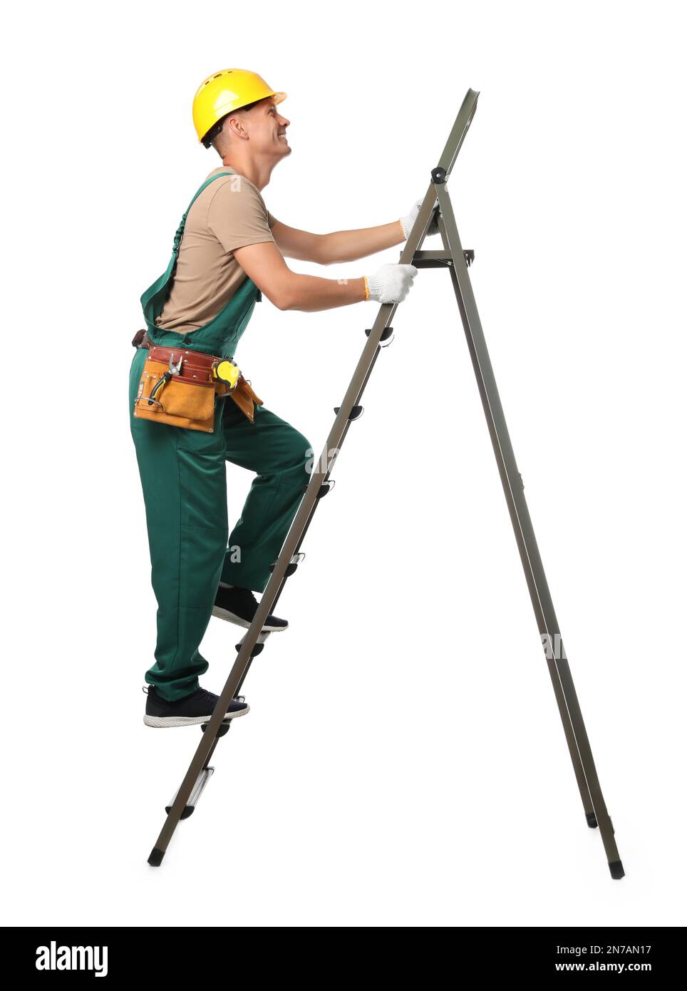Professional constructor climbing ladder on white background Stock ...