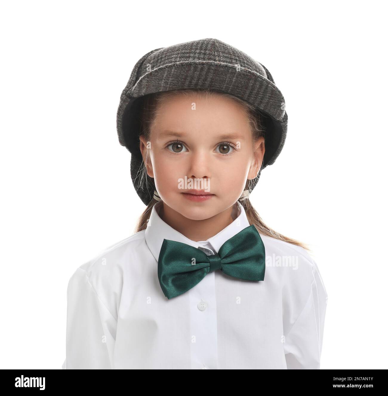 Cute little detective in hat on white background Stock Photo - Alamy