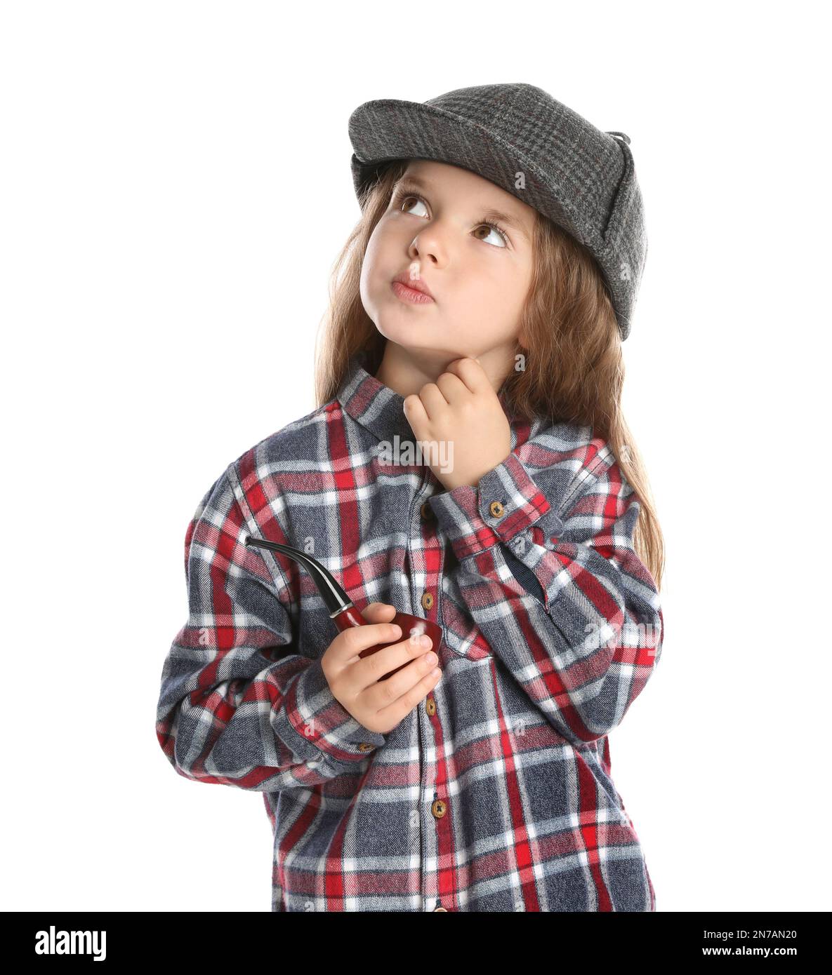 Cute little child in hat with smoking pipe playing detective on white ...