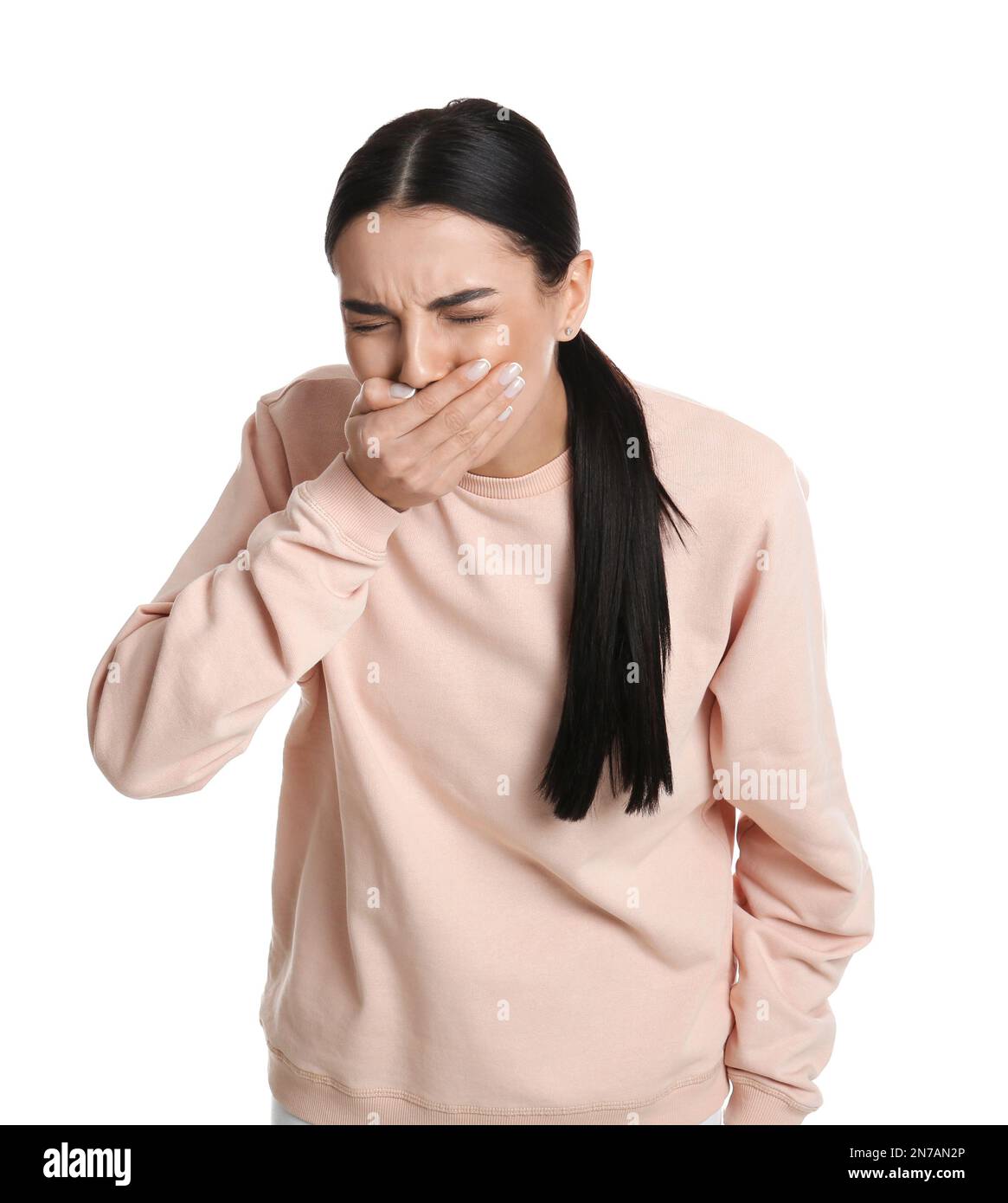 Woman suffering from nausea on white background. Food poisoning Stock ...