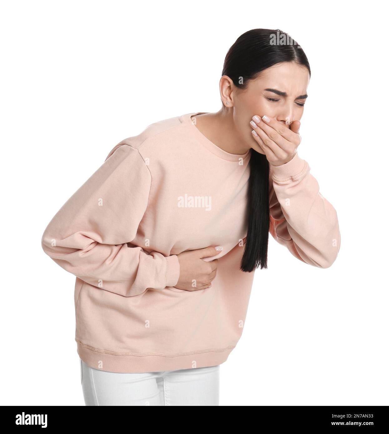 Woman suffering from stomach ache and nausea on white background. Food ...