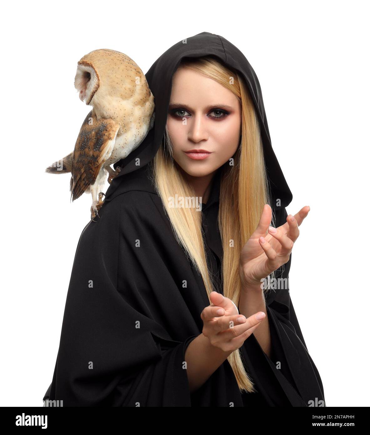 Witch in black mantle with owl isolated on white. Scary fantasy ...