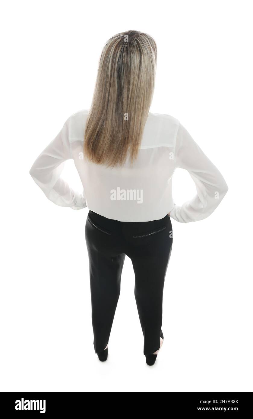 Young woman on white background, back view Stock Photo - Alamy