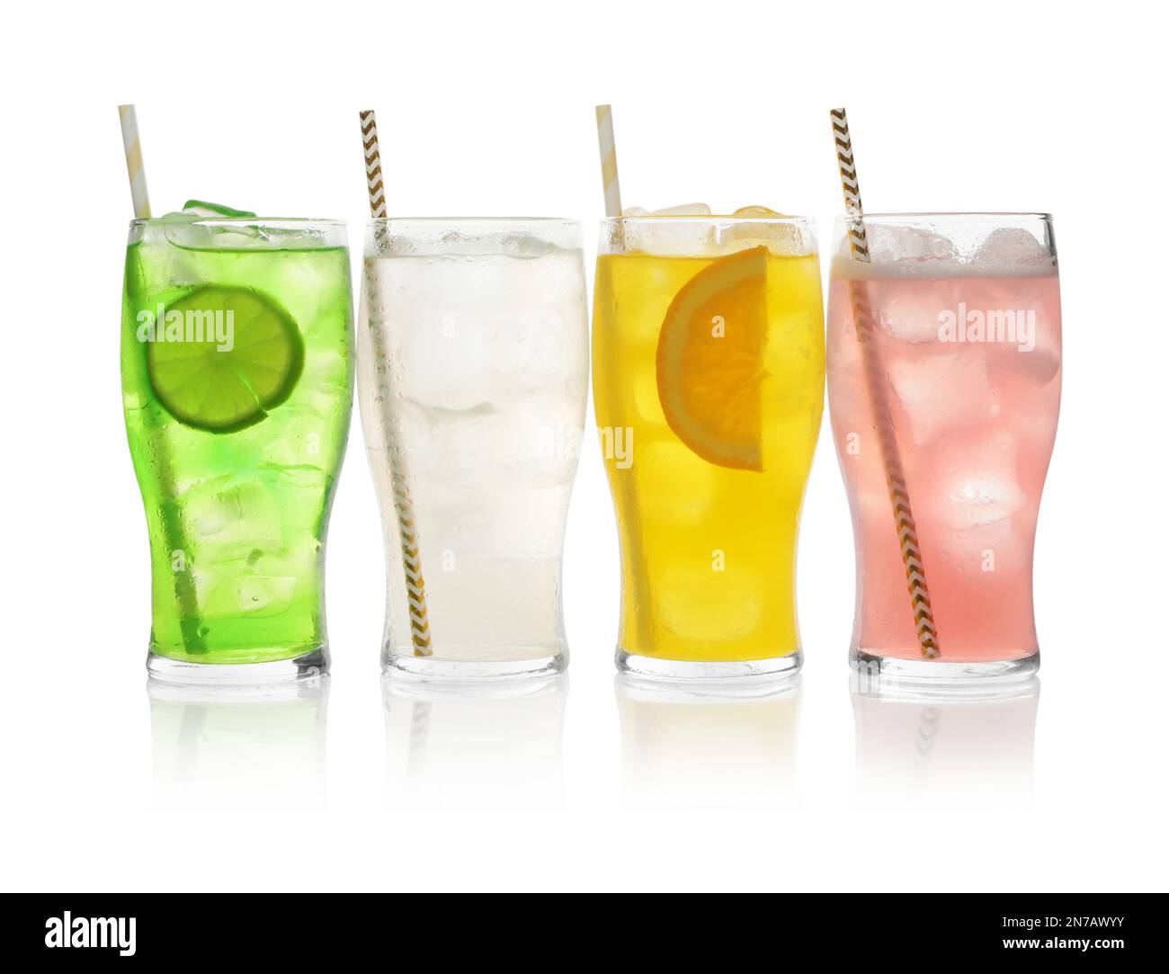 Delicious refreshing drinks in glasses on white background Stock Photo ...