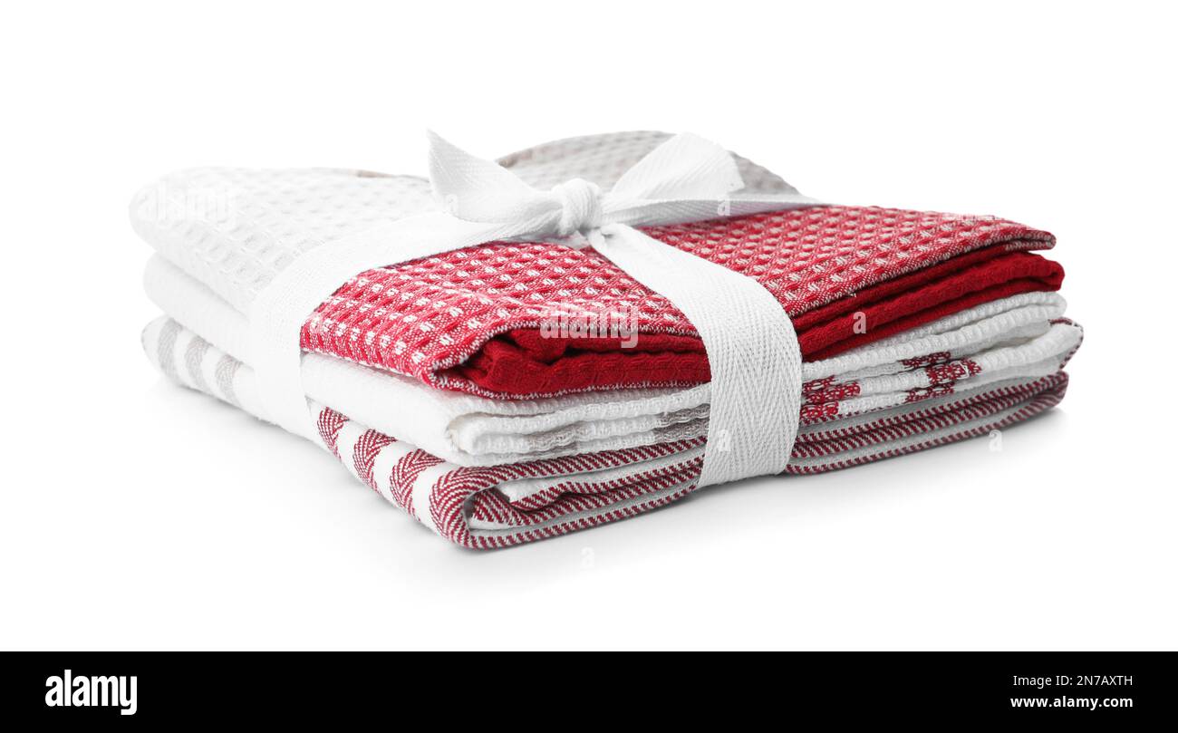 Stack of clean kitchen towels isolated on white Stock Photo - Alamy