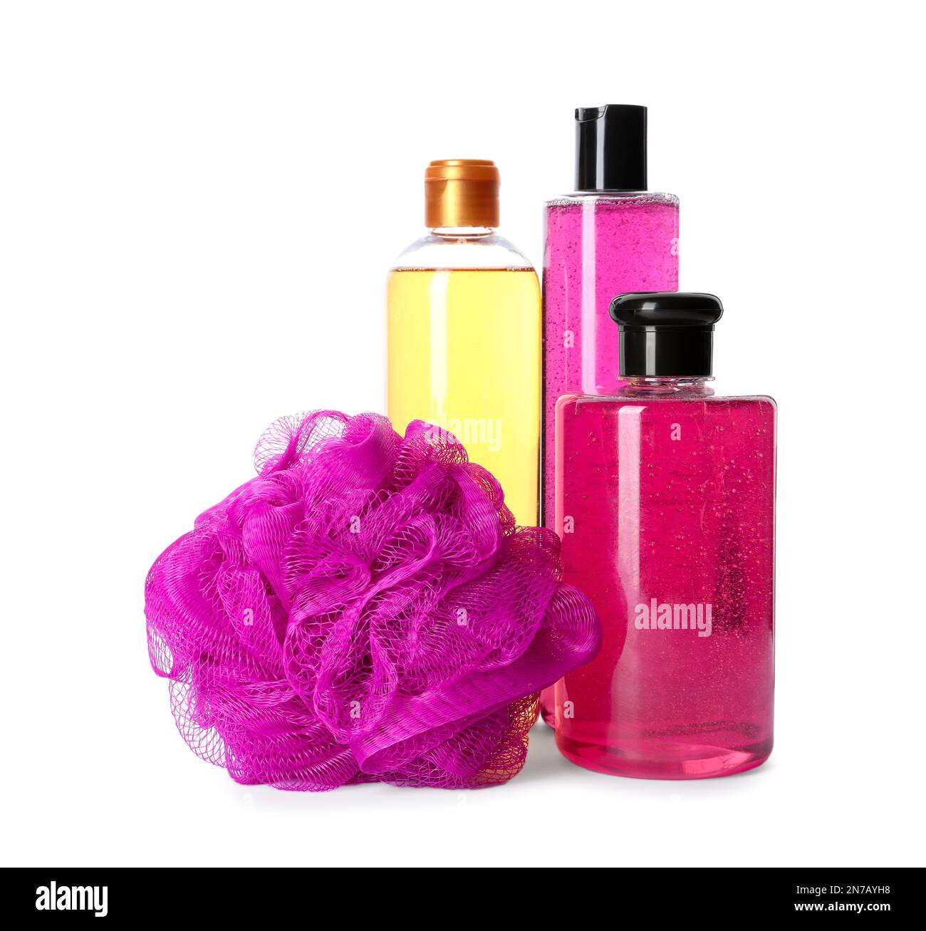 Personal hygiene products and shower puff on white background Stock ...