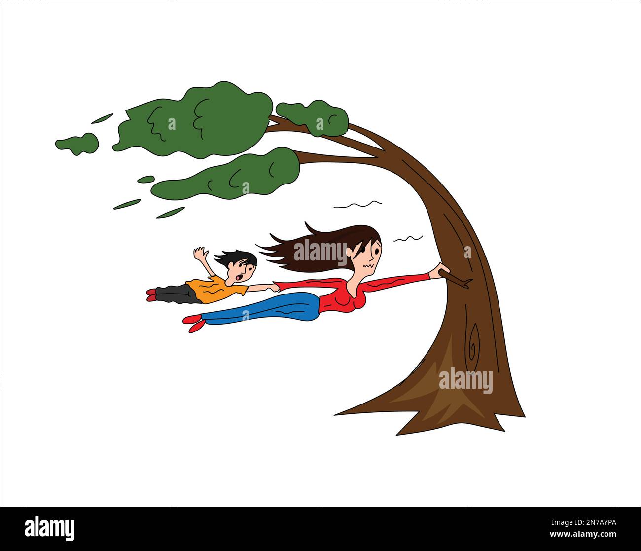 A windy day with mother and child clinging to a tree on a white ...