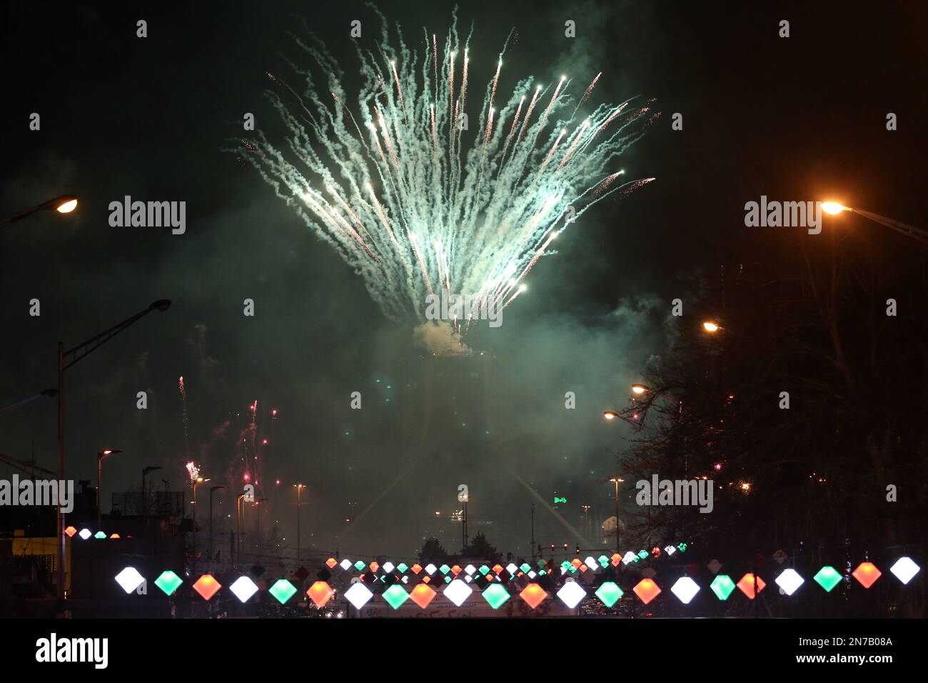 Tehran, Iran. 10th Feb, 2023. Fireworks explode above Azadi (Freedom ...