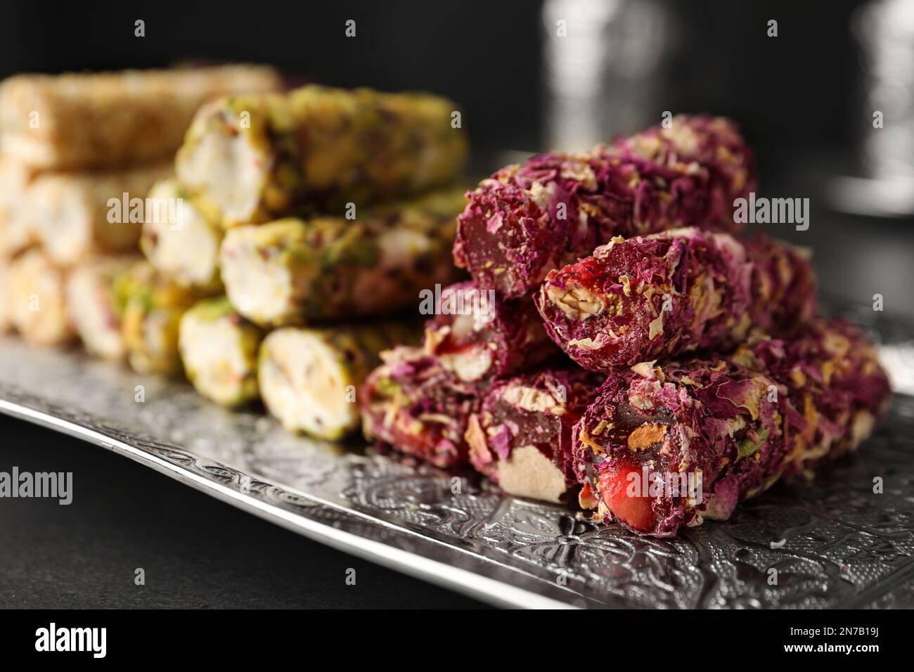 Turkish delight dessert on tray, closeup. Traditional sweet Stock Photo ...