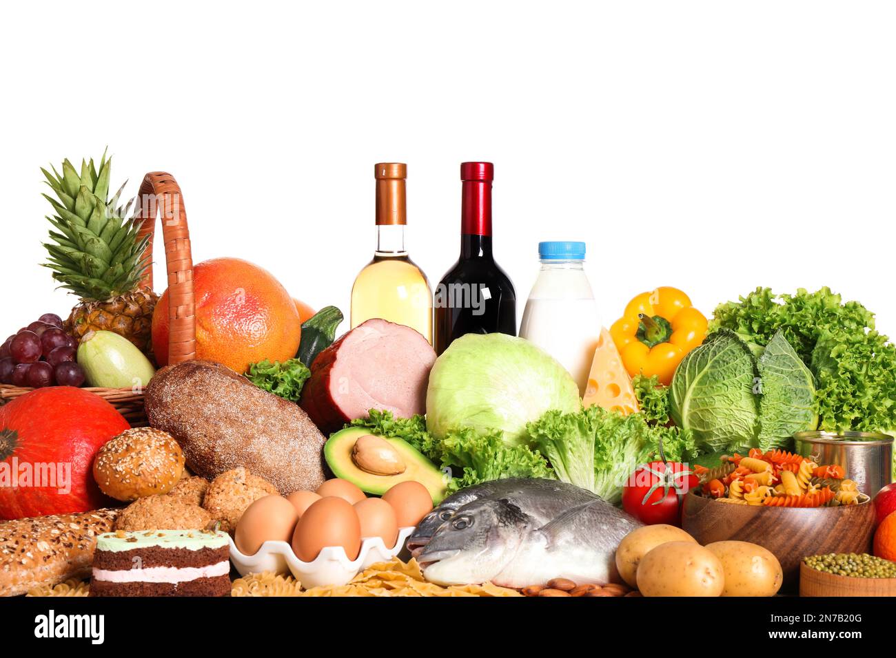 Different products on white background. Healthy food and balanced diet ...