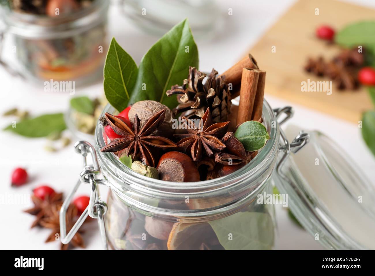 Aroma potpourri with different spices in jar, closeup view Stock Photo ...