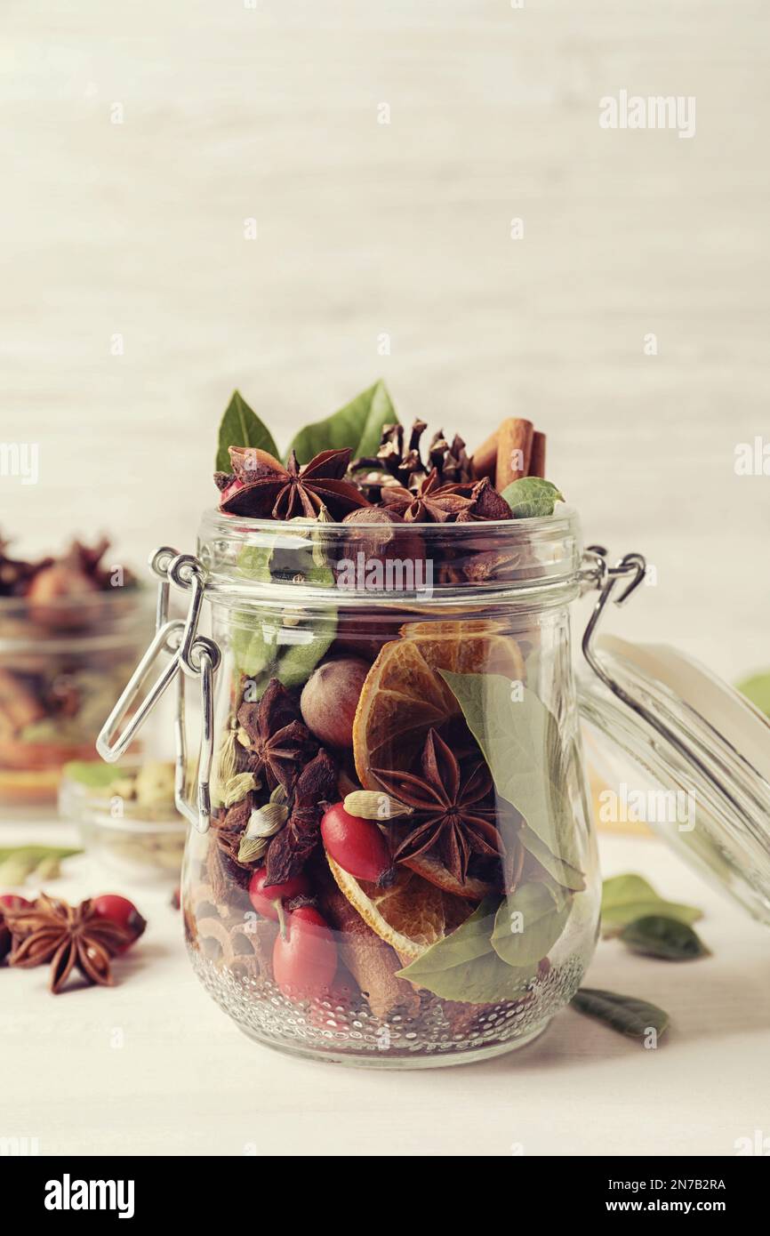 Aroma potpourri with different spices on white table Stock Photo - Alamy