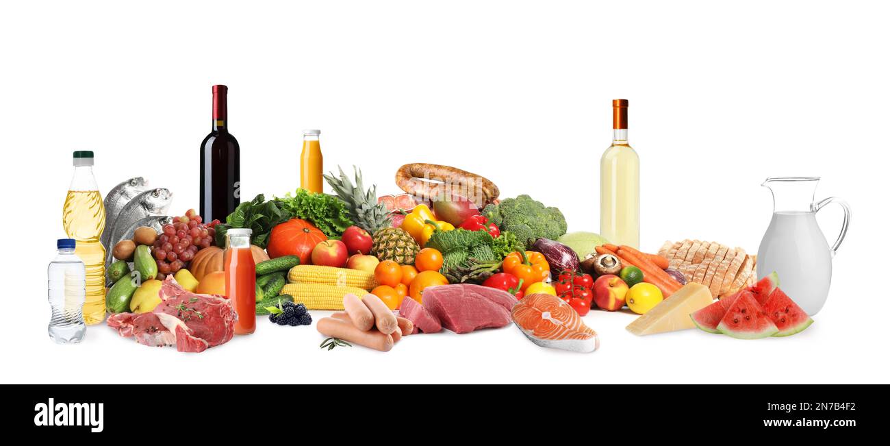 Assortment of fresh organic products on white background. Balanced food ...