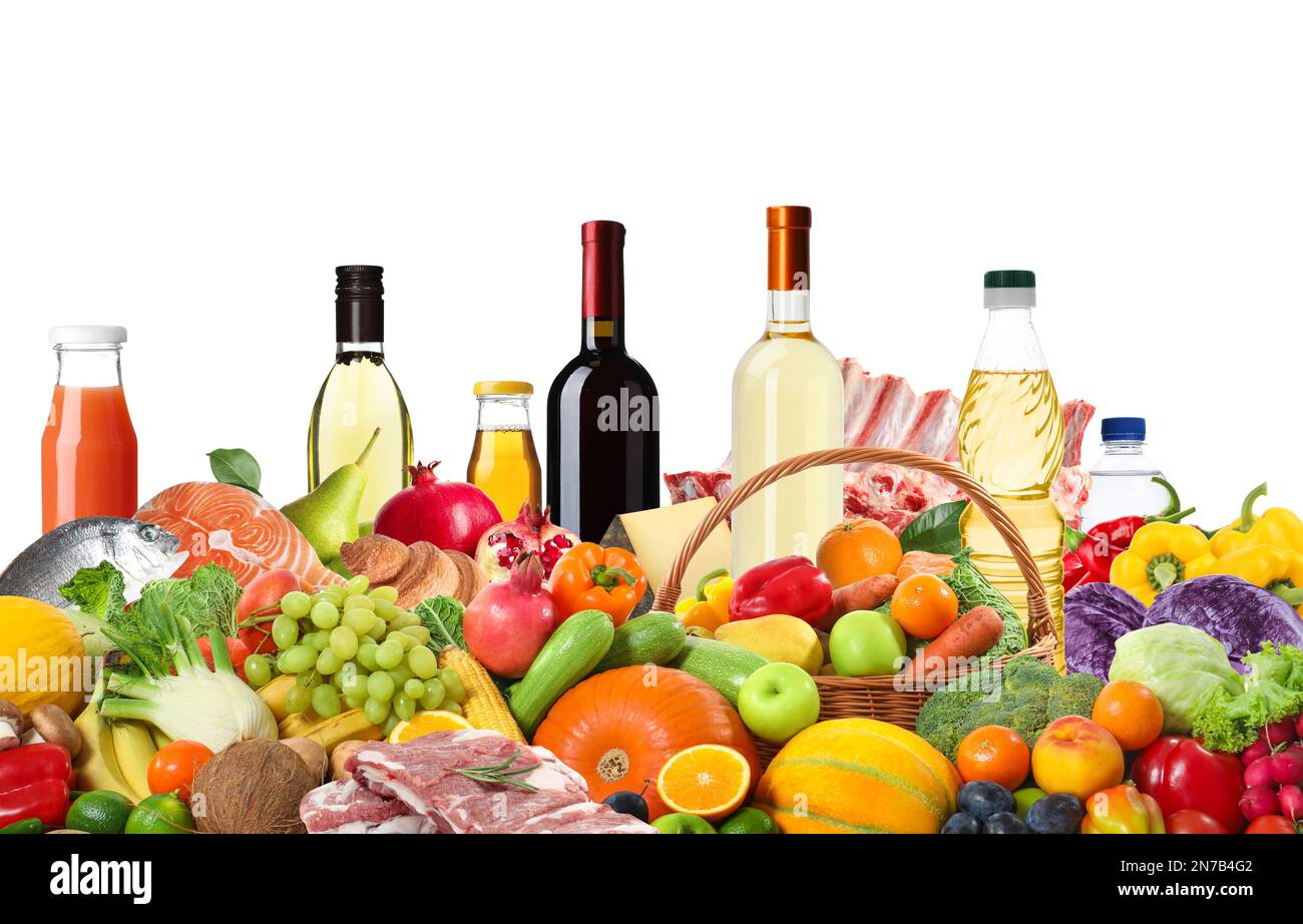 Assortment of fresh organic products on white background. Balanced food ...