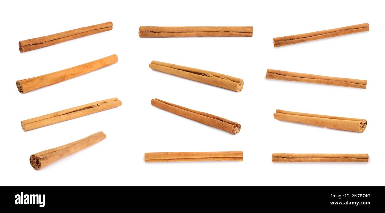 Set with aromatic cinnamon sticks on white background, banner design ...