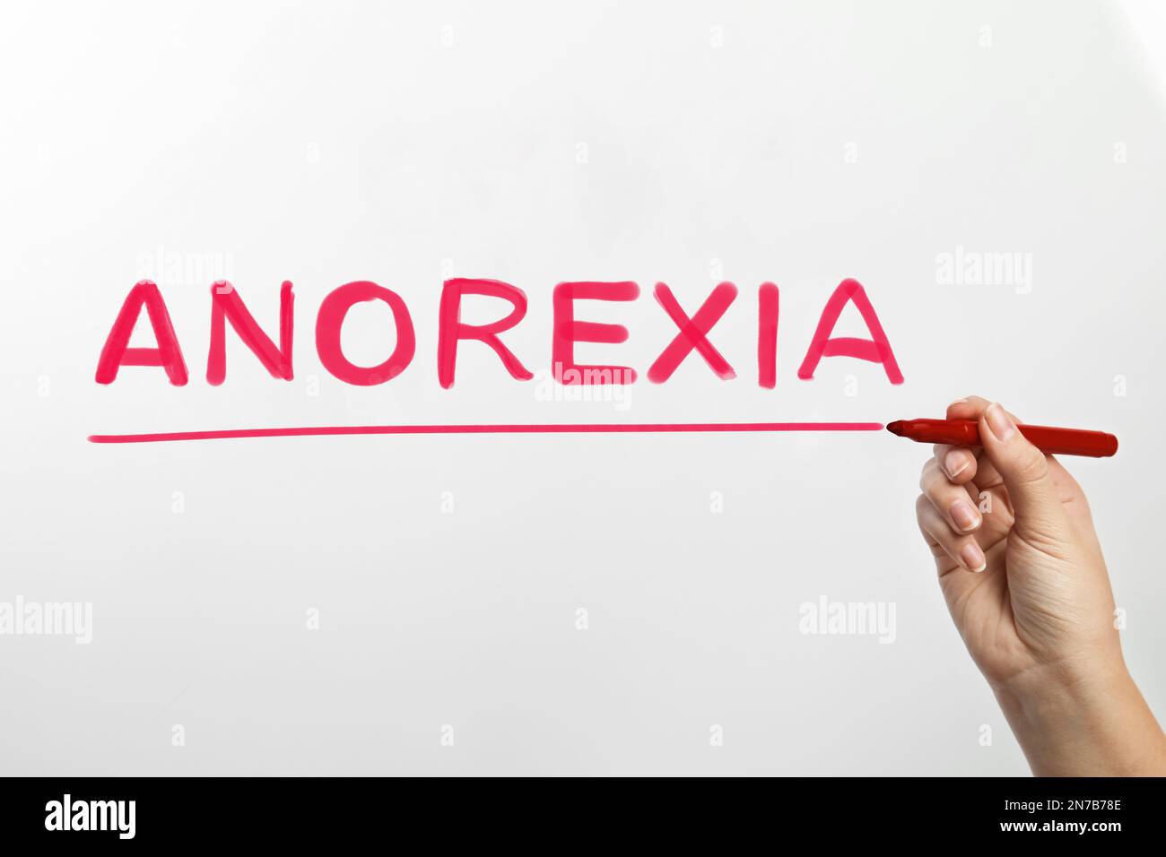 Woman writing word ANOREXIA on glass against white background, closeup ...