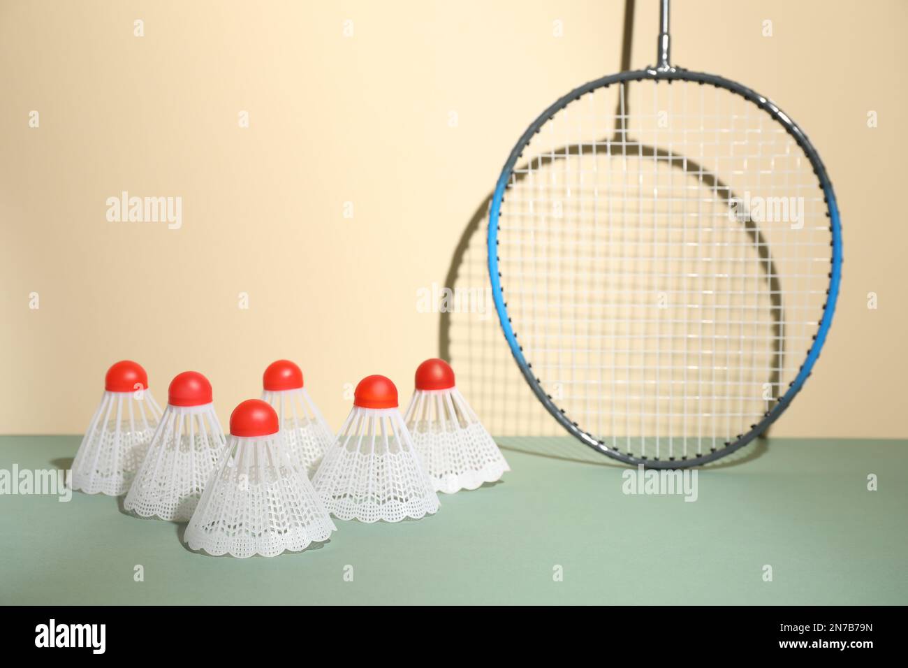 Shuttlecocks and racquet against beige background. Badminton equipment ...